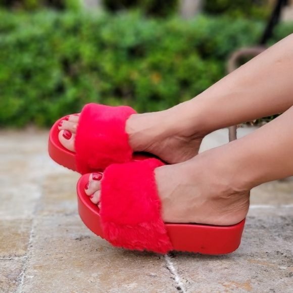 Shoes | Womens Red Furry Platform Wedge Slippers Sandal | Poshmark